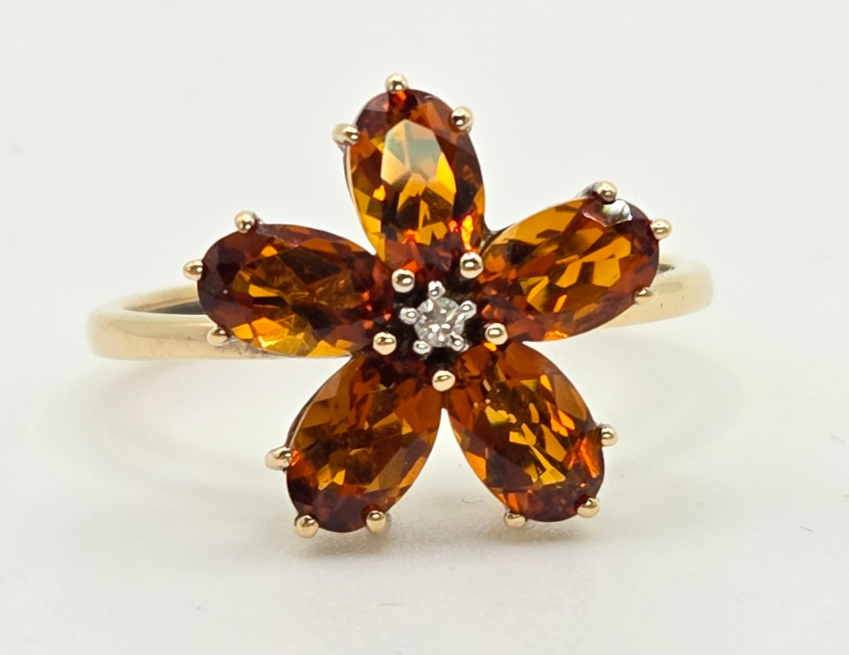 2527: Vintage 9ct Gold Orange Citrines Diamond Flower Head Ring – From ...