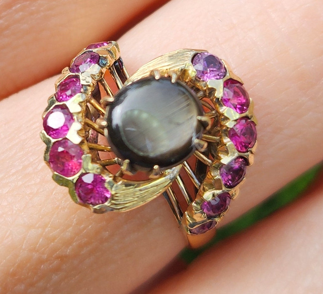 Vintage 18ct Gold Blue Sapphire & Red Topaz Swirl Cluster Ring | From ...